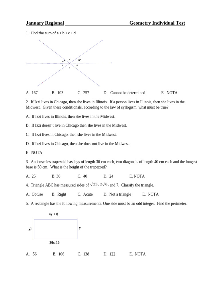 January Geometry Test Questions | PDF | Triangle | Area