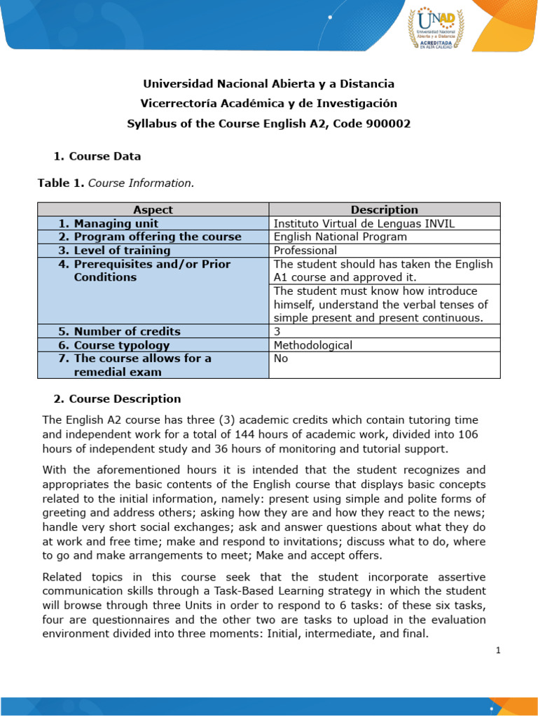 Course Syllabus English A2 | PDF | Linguistics | Learning