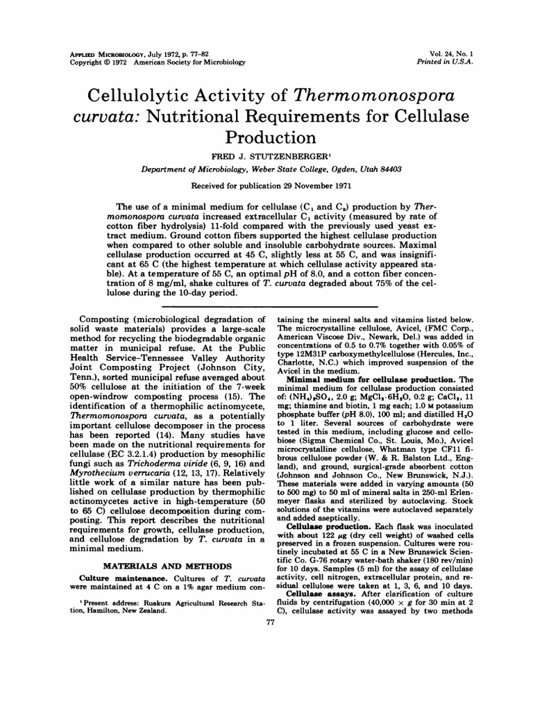 Stutzenberger 1972 Cellulolytic Activity of Thermomonospora Curvata Nutritional Requirements For ...