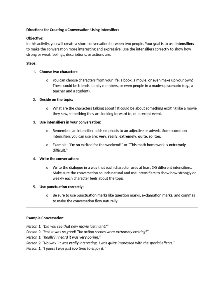 Directions For Creating A Conversation Using Intensifiers | PDF