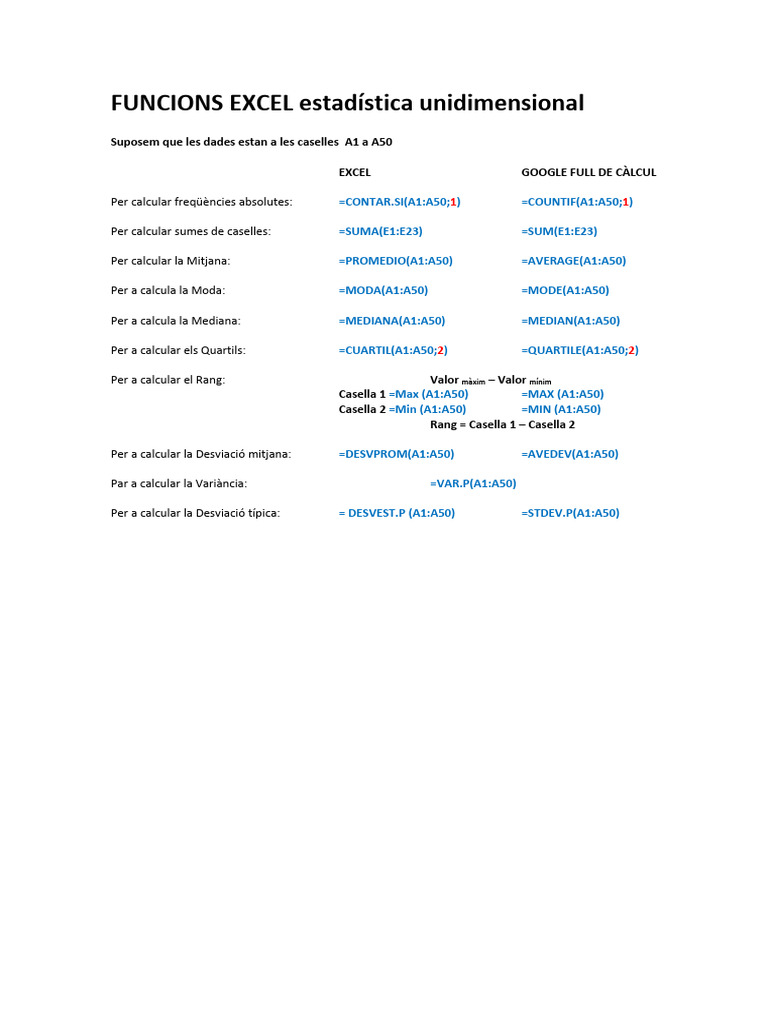 Exercici 01 FUNCIONS EXCEL Estadistica2 | PDF