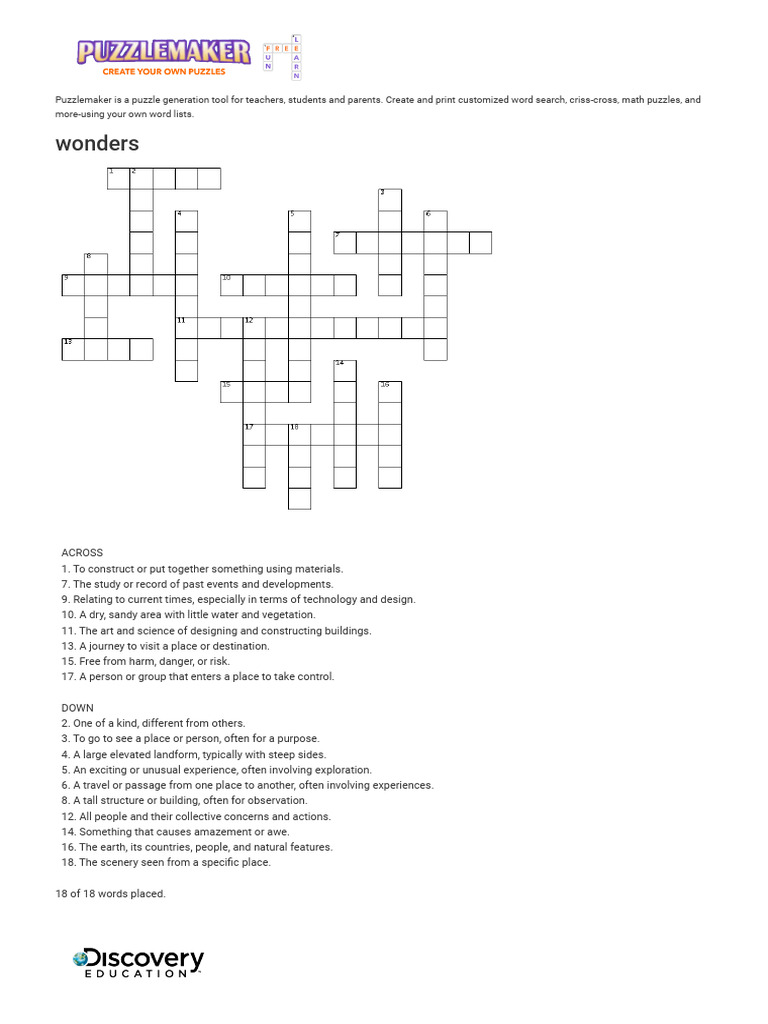 Criss Cross Puzzle - Discovery Education Puzzlemaker | PDF