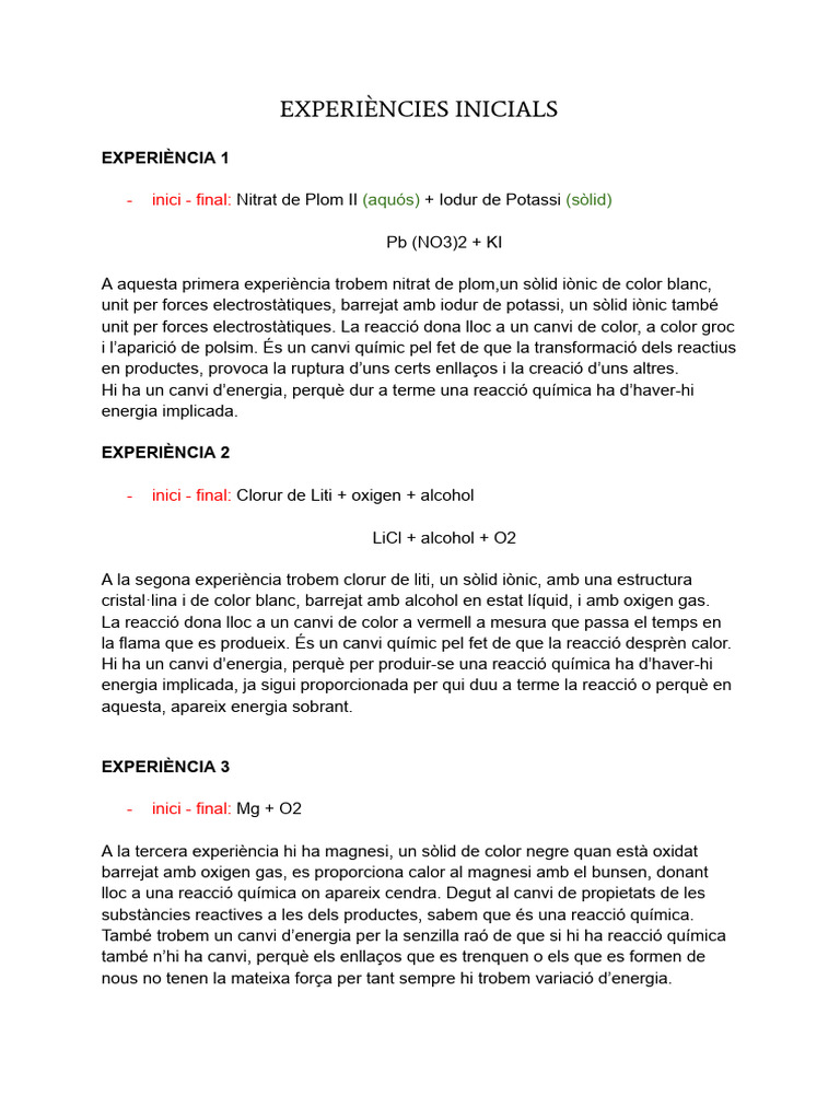 Experiències Inicials | PDF