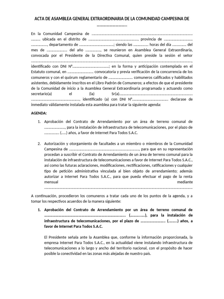 Modelo - Acta de Asamblea General Extraordinaria de Comunidad Campesina | PDF | Gobierno