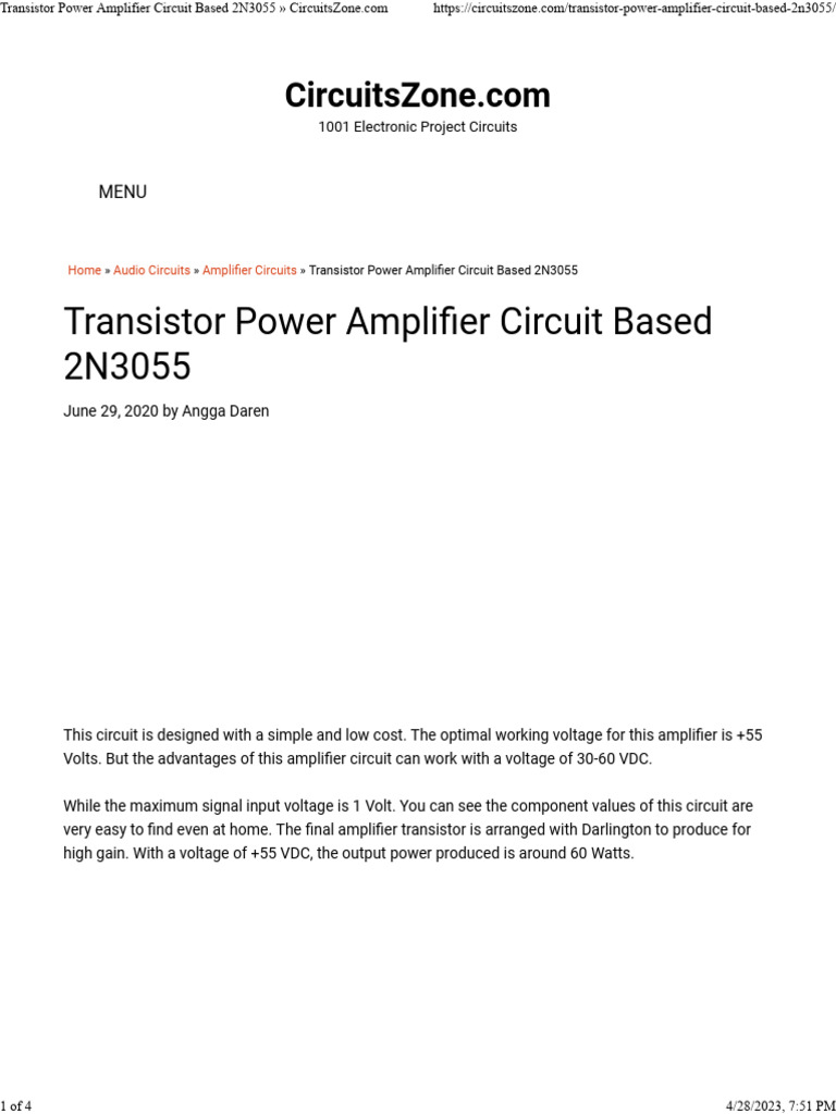 Transistor Power Amplifier Circuit Based 2N3055 » CircuitsZone.com | PDF | Amplifier ...