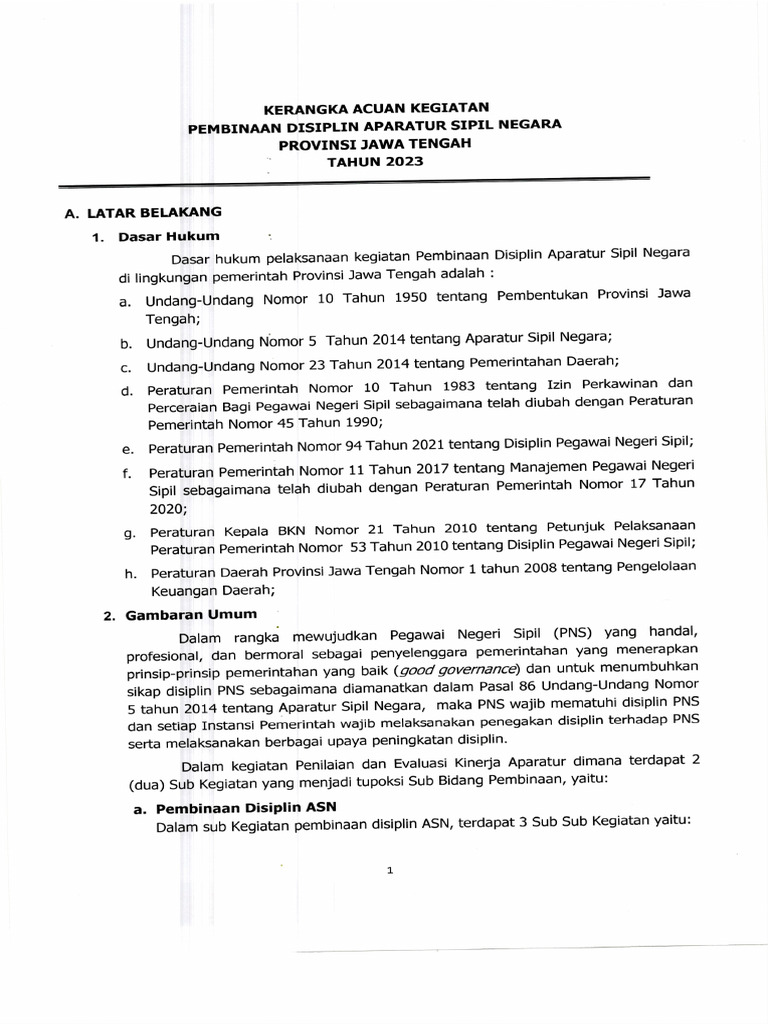 KAK Pembinaan Disiplin ASN Tahun 2023 - Organized | PDF