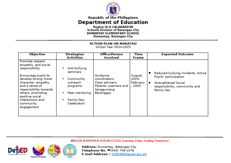 Dumantay Elementary Makatao Action Plan | PDF