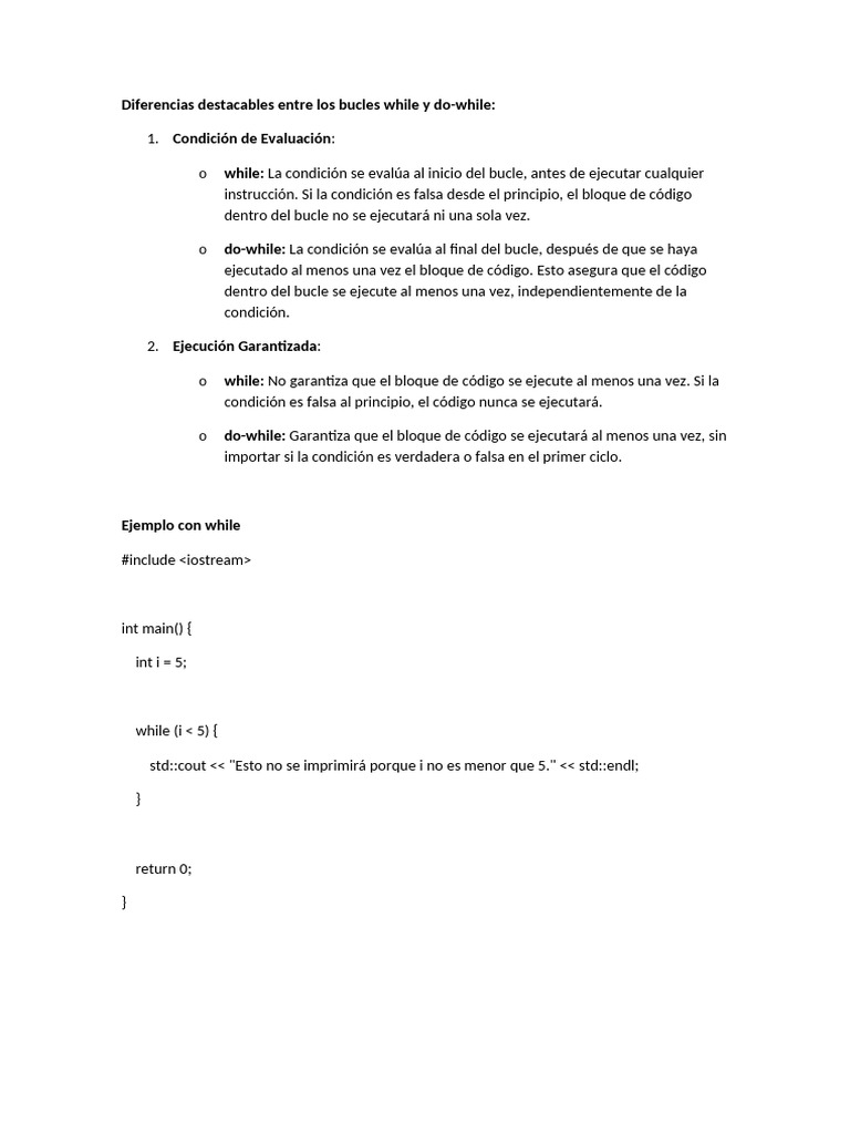 Diferencias destacables entre los bucles while y do | PDF