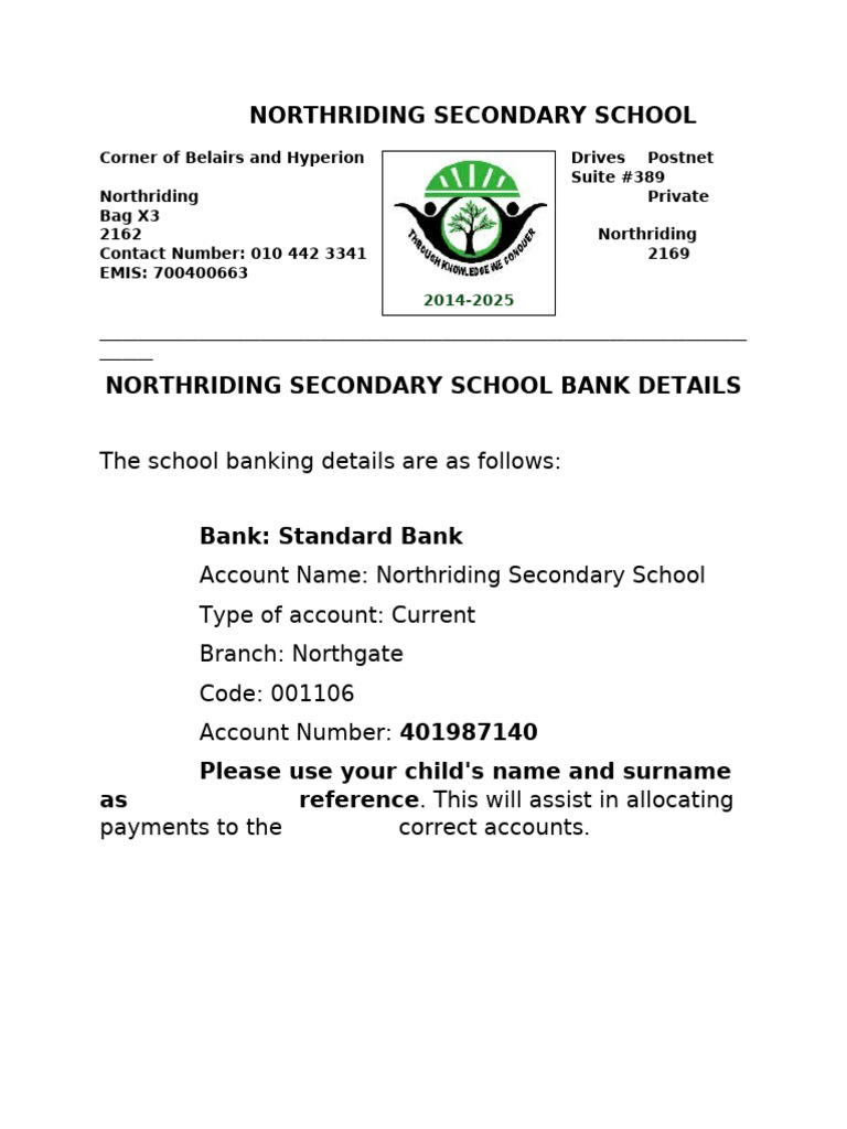 Northriding Secondary Bank Details | PDF