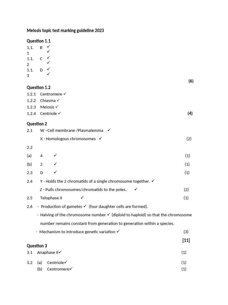 Meiosis Topic Test Marking Guideline 2023 | PDF