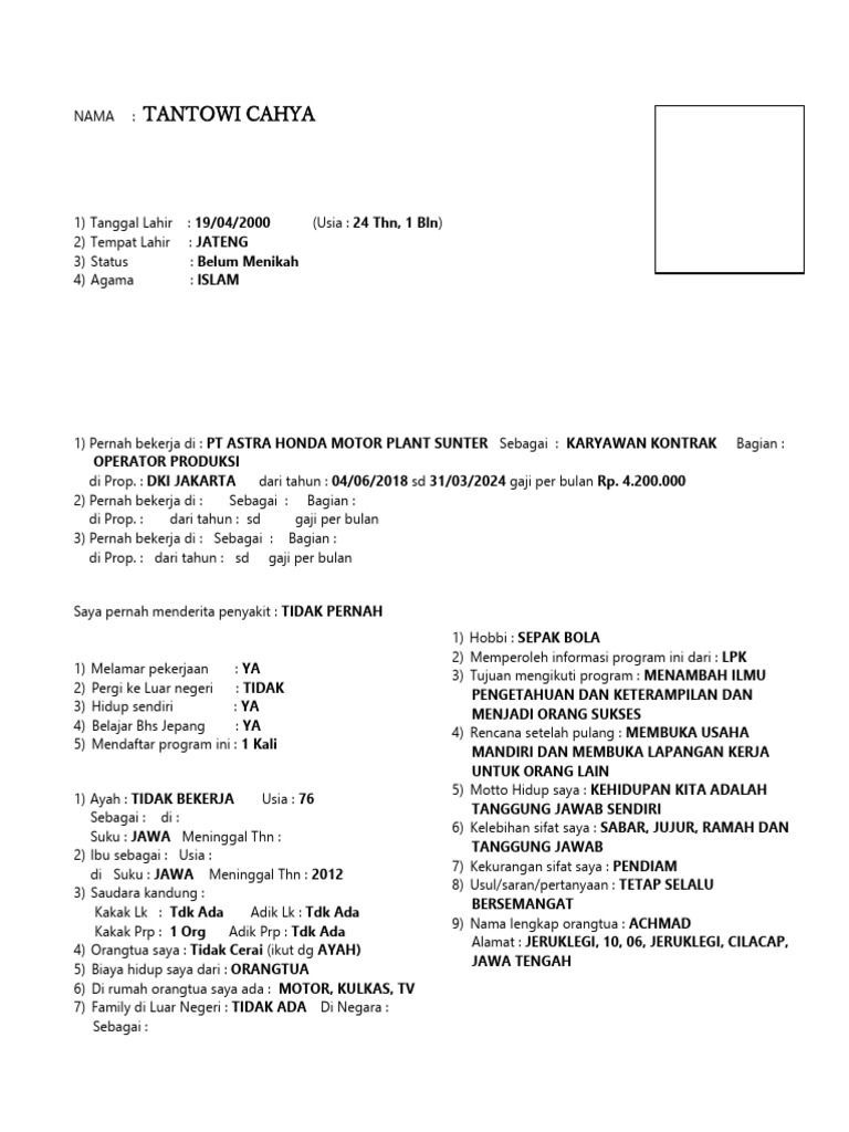 Contoh Biodata Test Im Japan | PDF