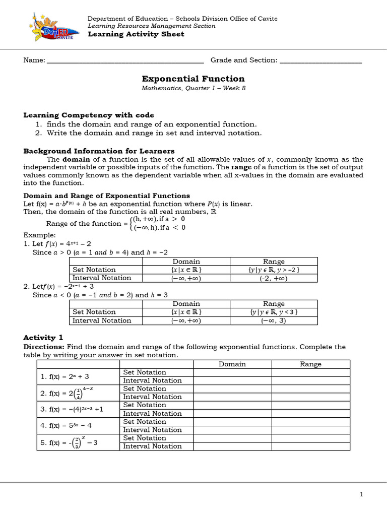 Domain and Range of Exponential Functions | PDF | Function (Mathematics ...