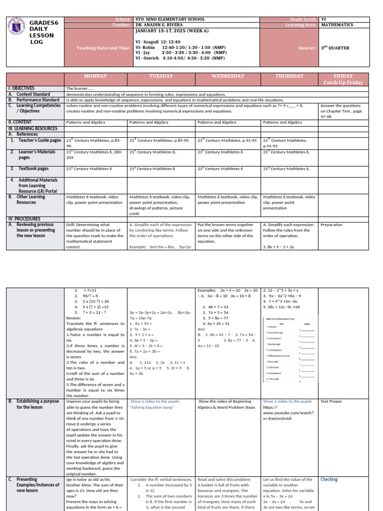 Ana-Dll Mathematics 6 q3 w6 | PDF | Equations | Multiplication
