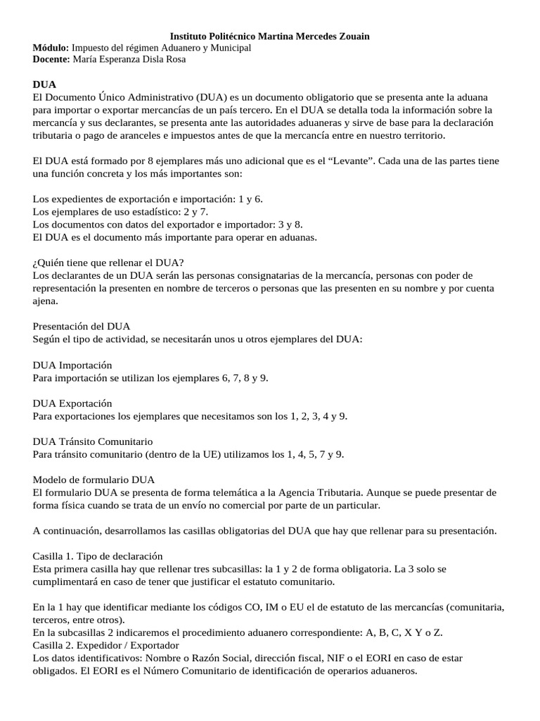 Formulario DUA Teoría | PDF | aduana