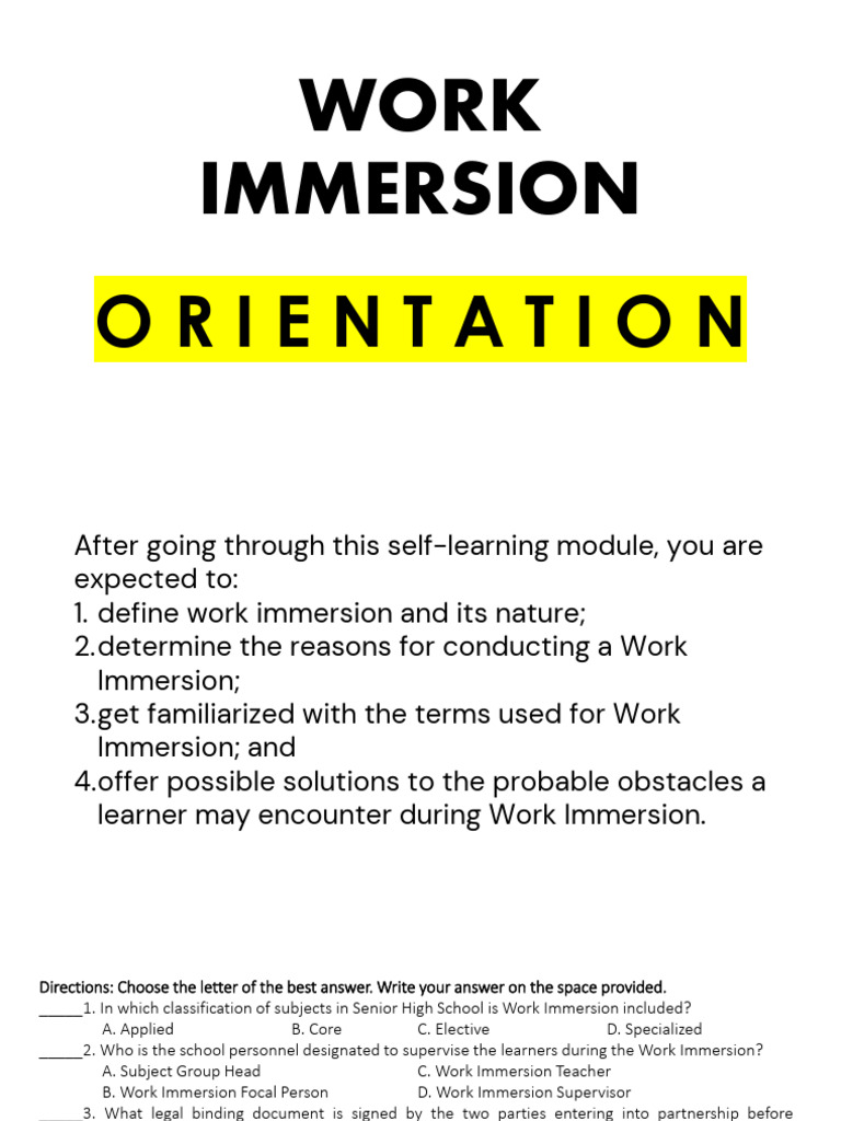 Work Immersion Orientation | PDF | Curriculum | Learning