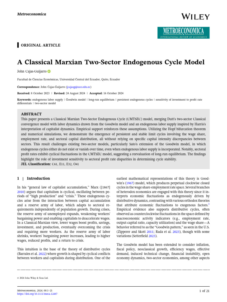 A Classical Marxian Two-Sector Endogenous Cycle Model (2024) | PDF ...