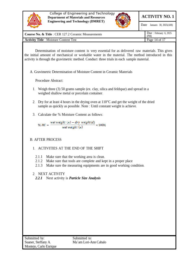 CER 127.2 Act. 1 Moisture Content Test | PDF | Experiment | Sampling ...