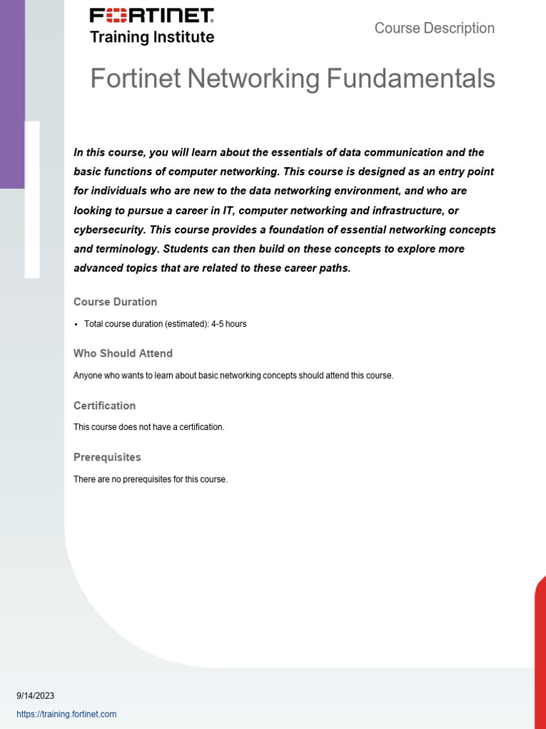 Fortinet Networking Fundamentals 1.0 Course Description | PDF | Computer Network | Osi Model