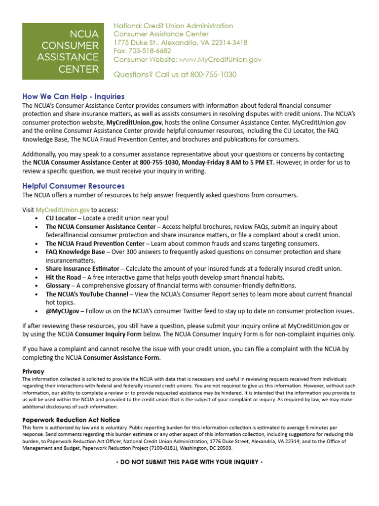 Consumer Inquiry Form English | PDF | National Credit Union ...