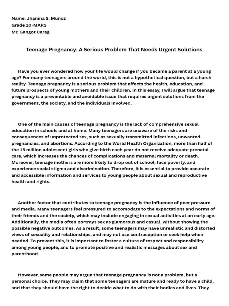 Arguementative Essay Form | PDF | Teenage Pregnancy | Adolescence