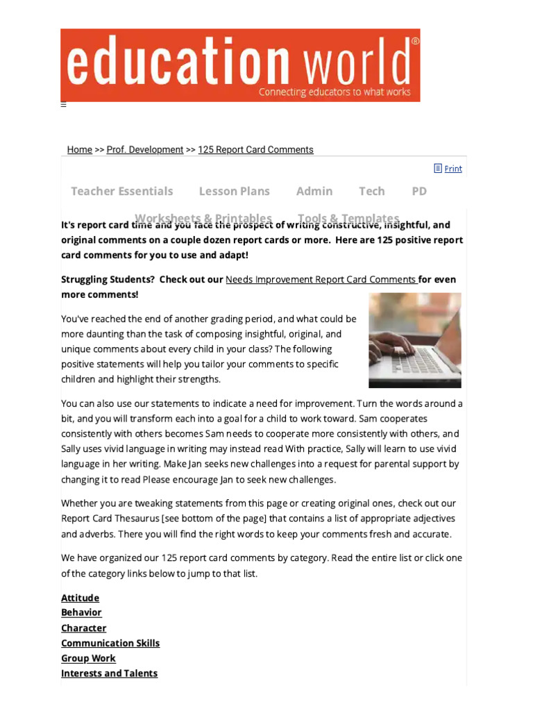Teacher's Guide: Report Card Comments | PDF | Learning | Classroom