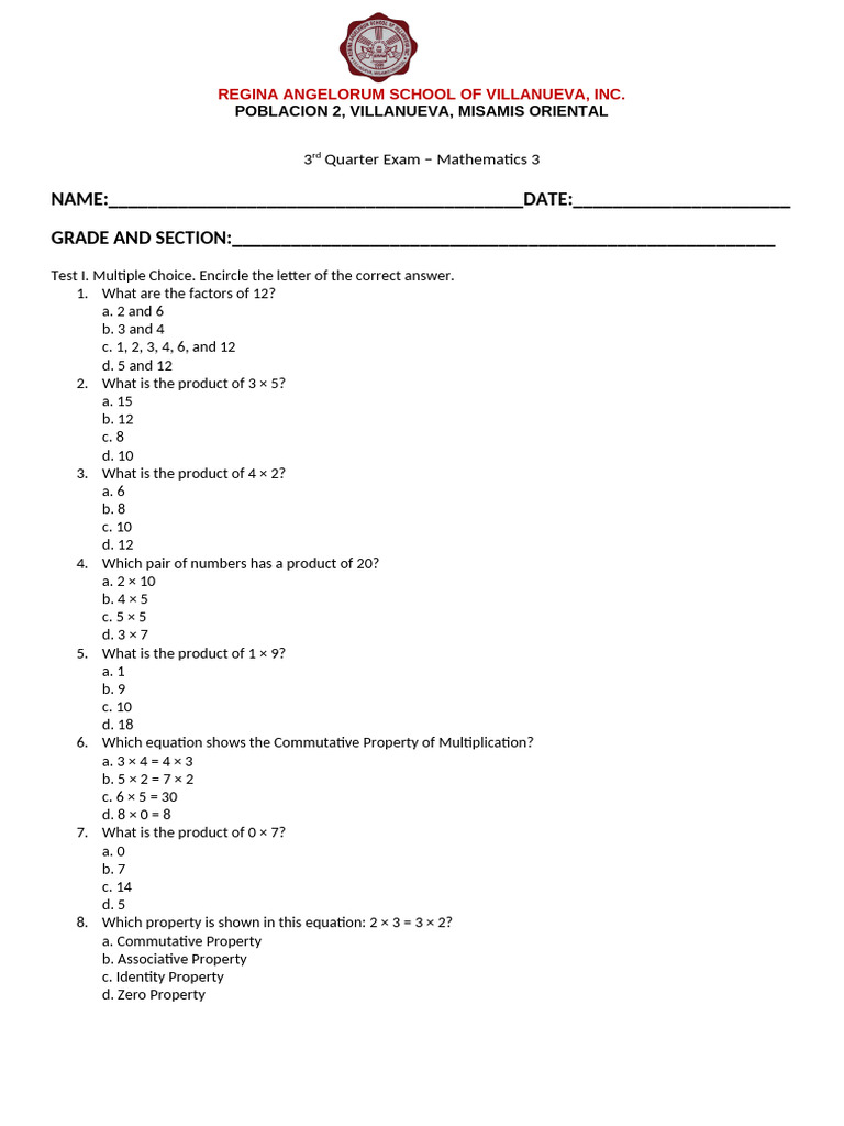 3rd Quarter Mathematics 3 | PDF | Multiplication | Algebra