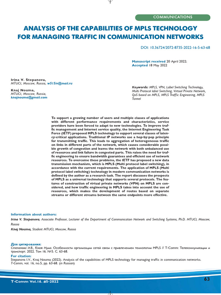 Analysis of The Capabilities of Mpls Technology For Managing Traffic in Communication Networks ...