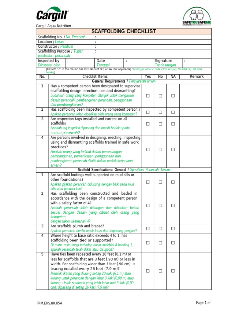 Checklist Perancah Cargill Indonesia | PDF