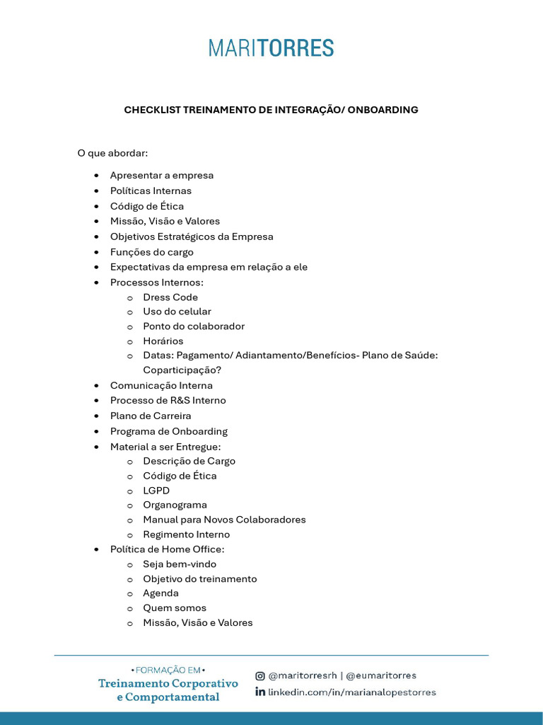 (MT) - Checklist Treinamento de Integração e Onboarding | PDF