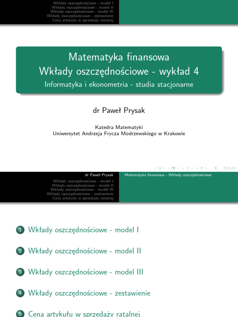 Wyklad 4 Matematyka Finansowa IiE - S Wklady Oszczednosciowe | PDF