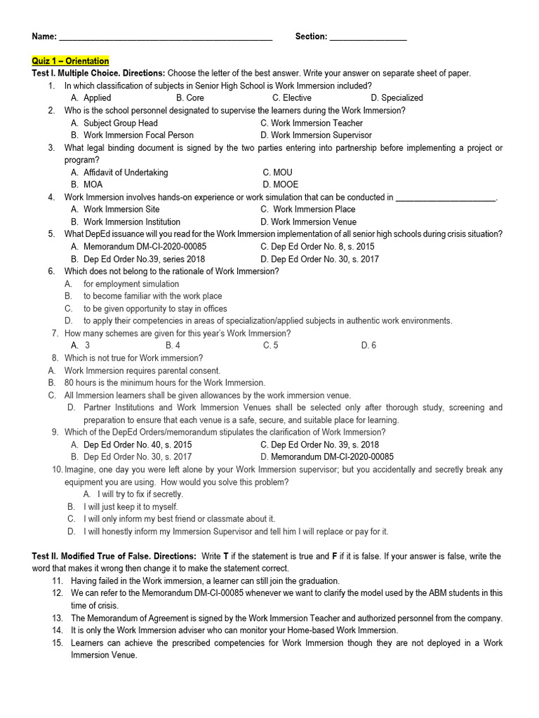 Work Immersion Quiz | PDF | Safety | Occupational Safety And Health