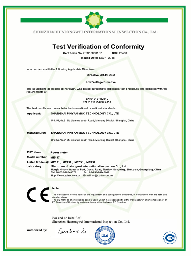 MEATROL POWER METER CE-LVD Certificate | PDF