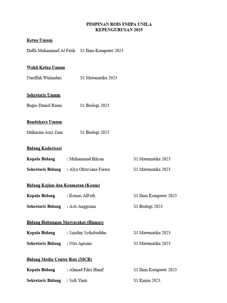 Pimpinan Rois Fmipa Unila 2025 | PDF