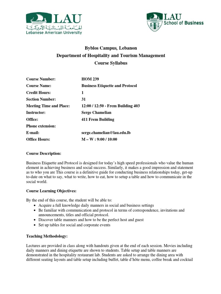 Business Etiquette and Protocol Syllabus 2012 | PDF | Academic ...