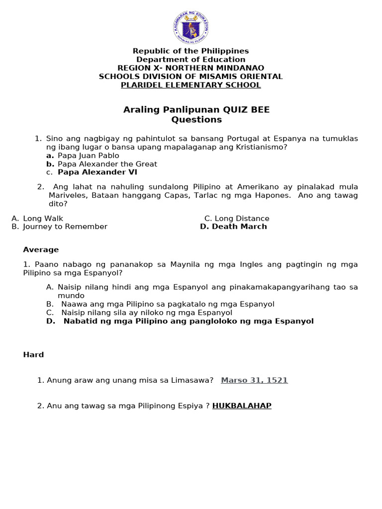 Plaridel Ap Quiz Bee Quiz Bee | PDF