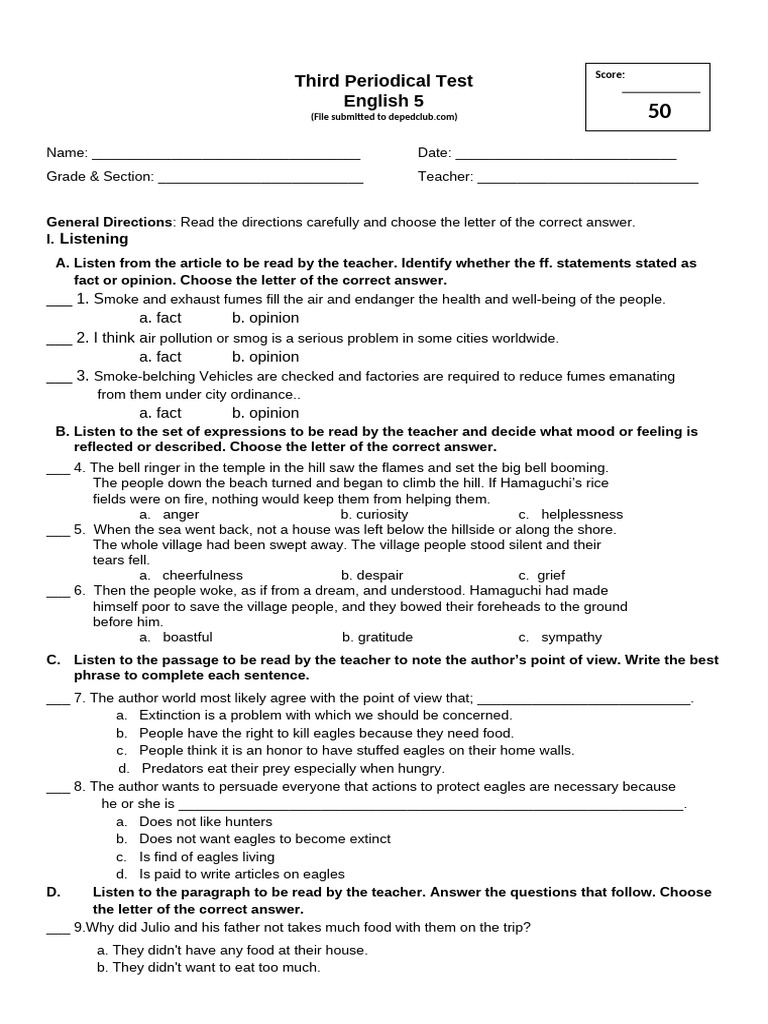 English 5 Third Periodical Test | PDF | Insects | Fly