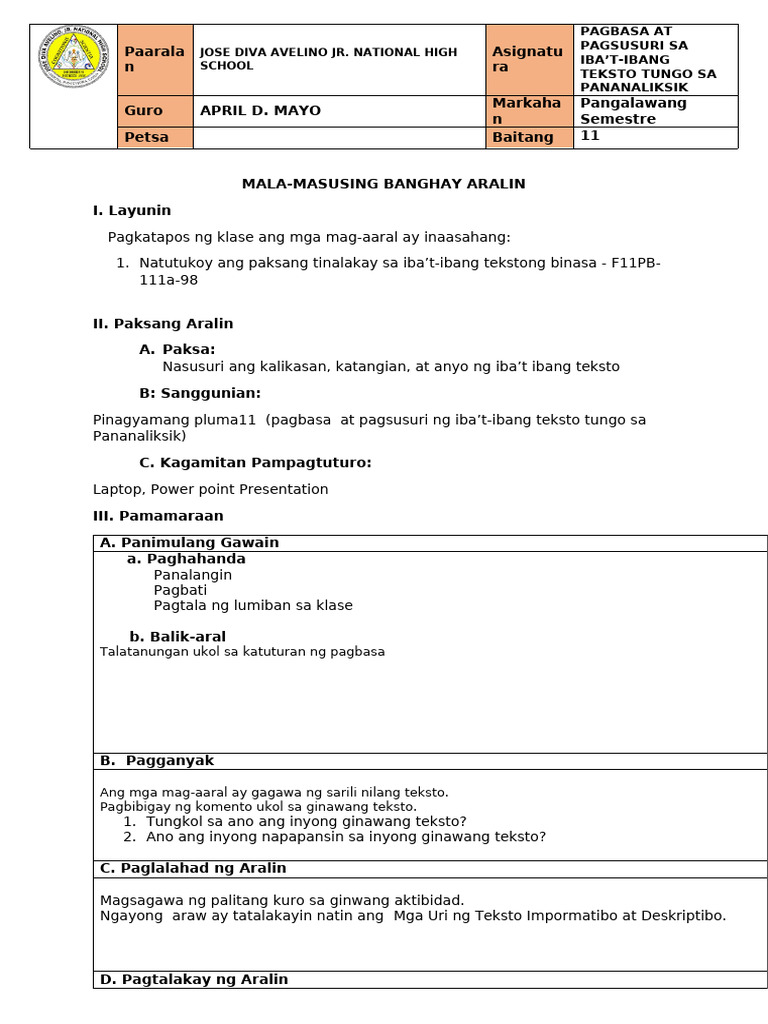 sime-detailed lesson plan Pagbasa 11 | PDF