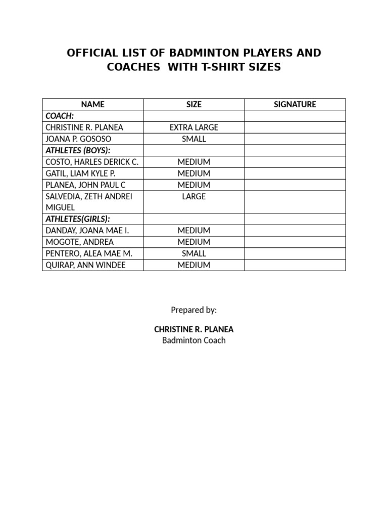 Badminton Team T-Shirt Sizes List | PDF