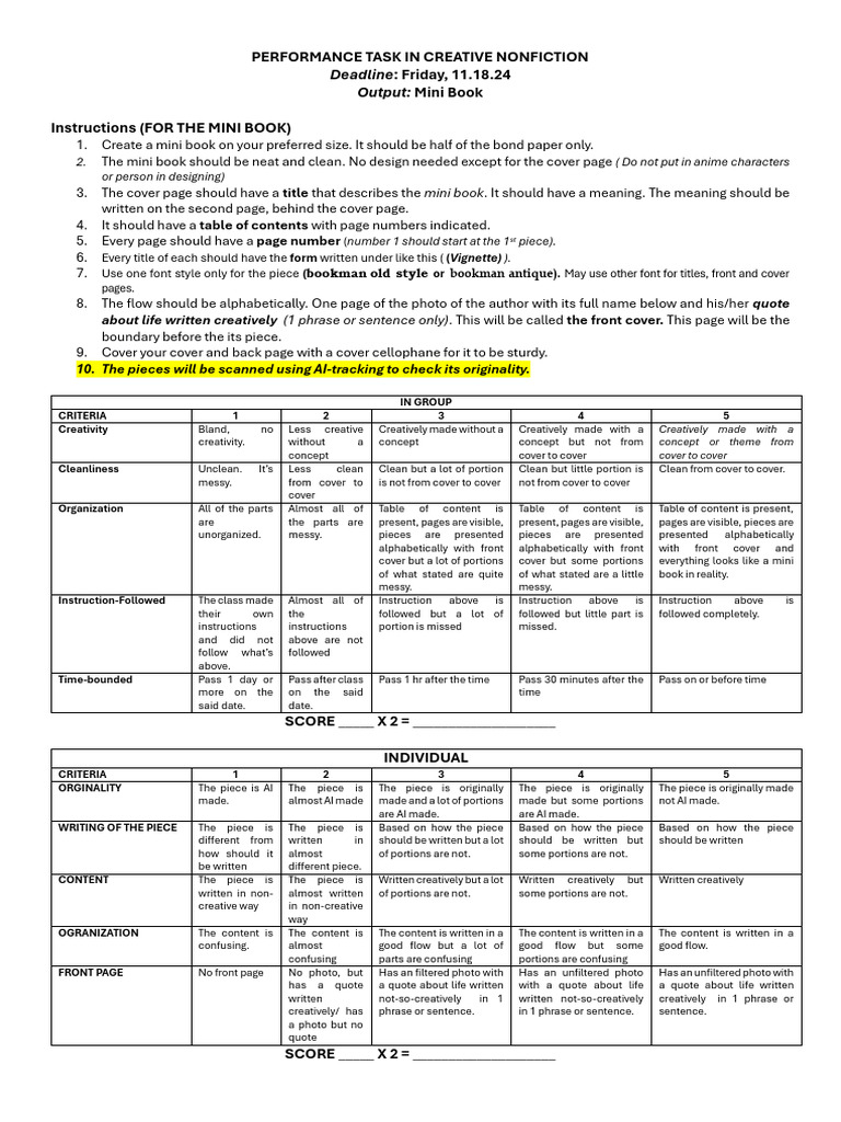Mini Book - Instruction, Criteria - 112507 | PDF | Writing | Written ...