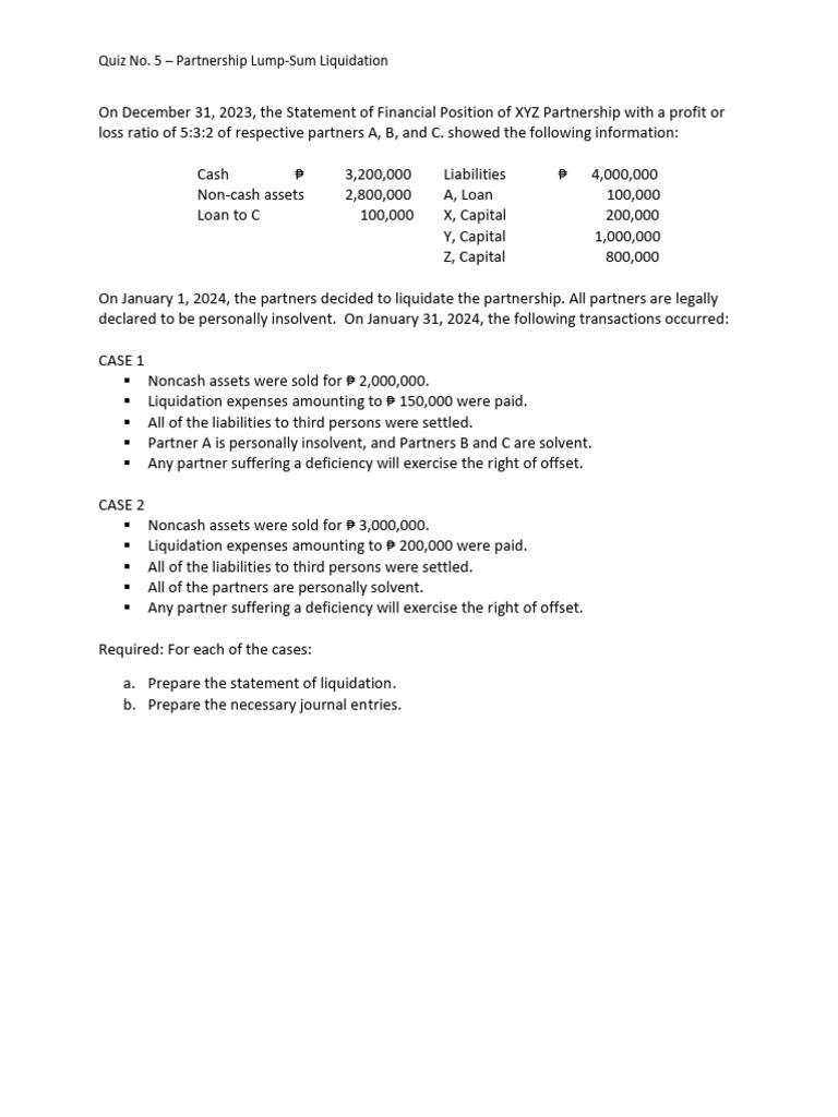 Partnership Quiz 5 - Lump-Sum Liquidation | PDF
