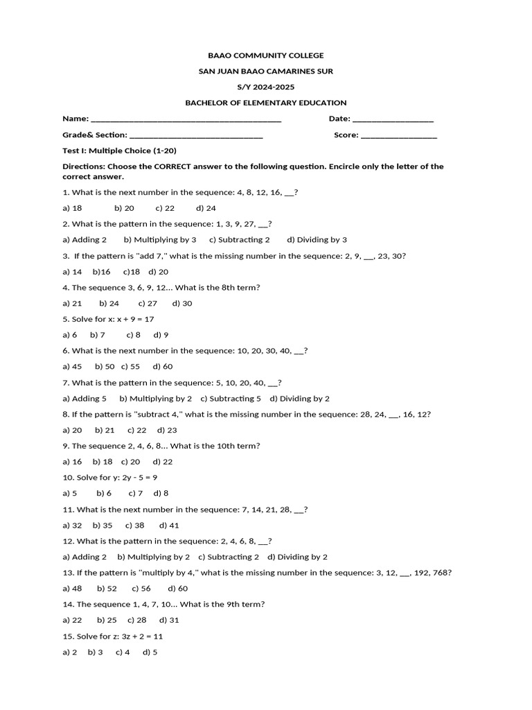 TEST QUESTION | PDF | Equations | Algebra