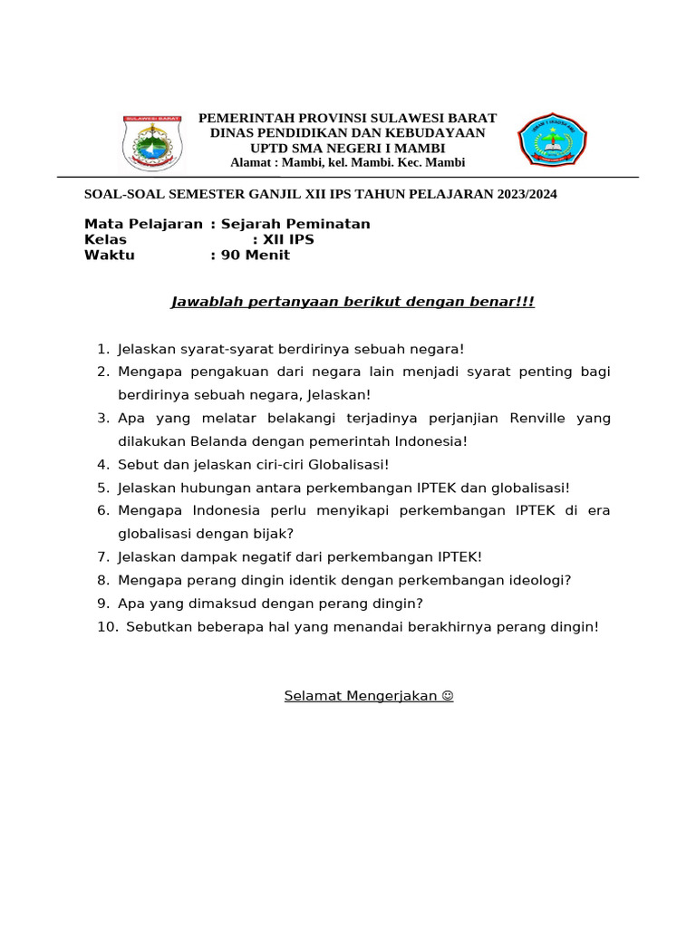 Soal Sejarah Peminatan Kelas XII IPS 2024 | PDF