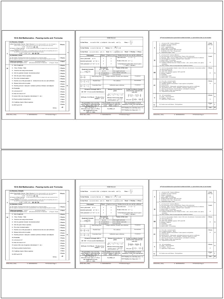 10th Std Math Theorems & Formulas | PDF | Triangle | Quadratic Equation