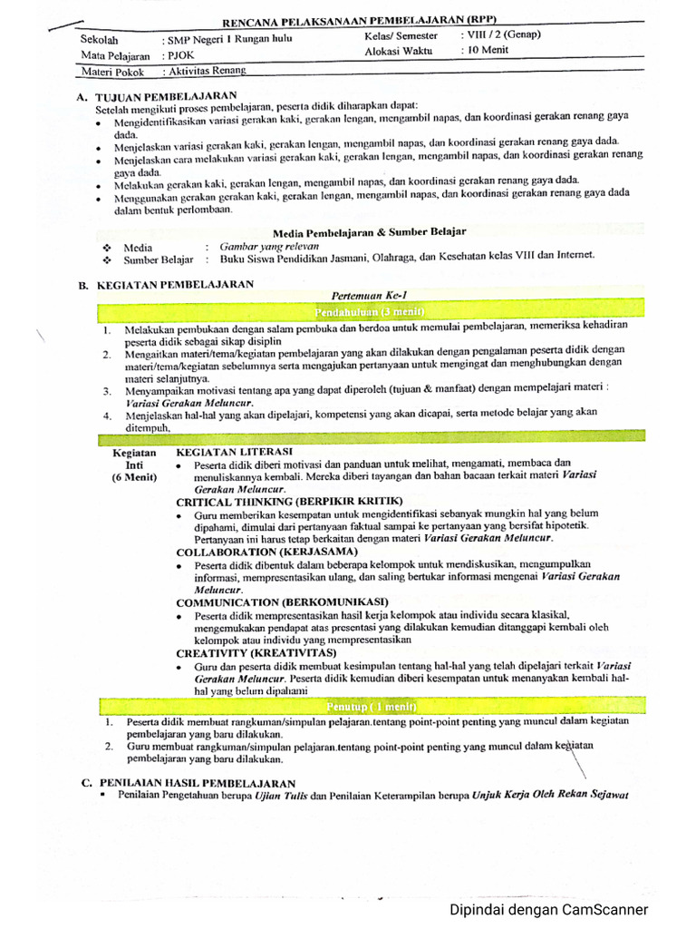 rpp-pjok-luring-aktivitas-renang-kelas-8 | PDF