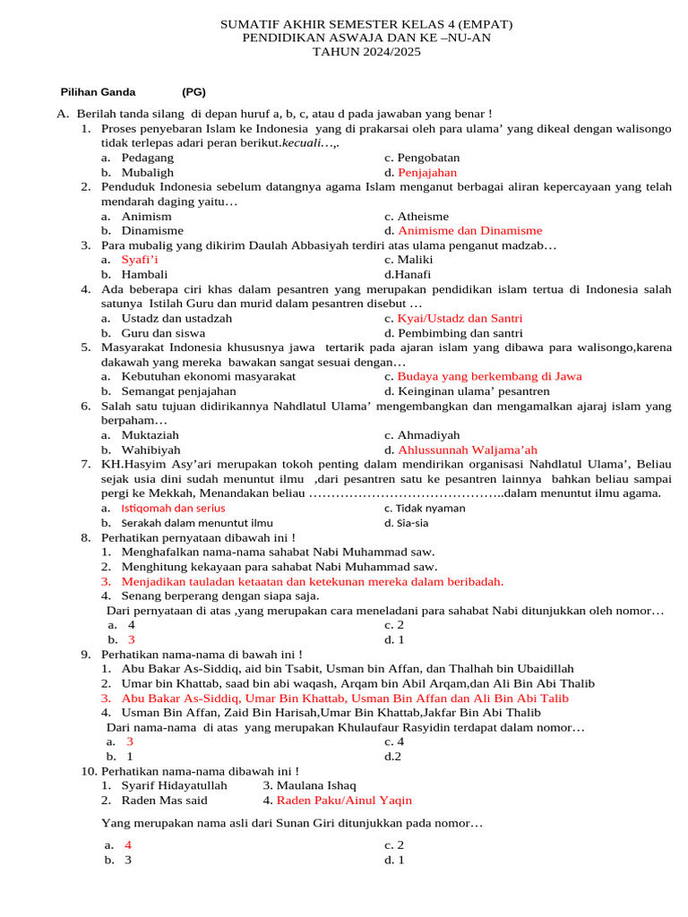 Soal Aswaja Kelas 4 MI Semester 1 | PDF