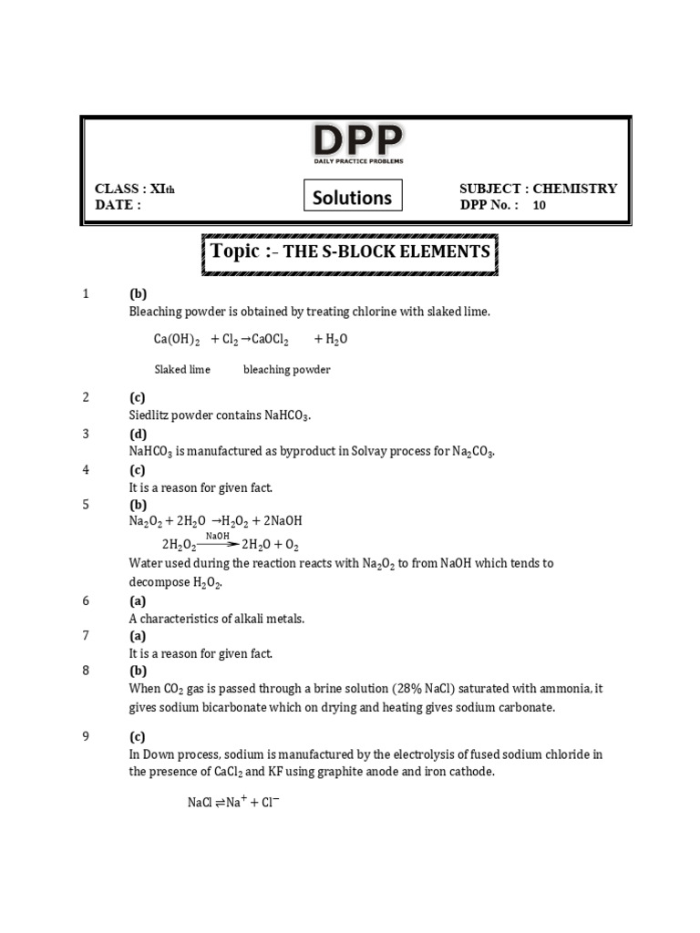 S block Dpp 10 Solution | PDF | Sodium | Chlorine