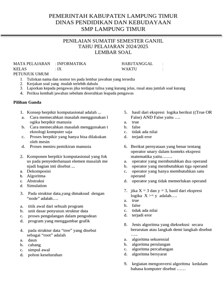 Soal Informatika Kls Ix Ganjil 2025-2025 Oke | PDF
