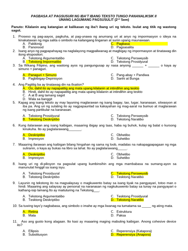 3rd Q Exam 1 Pagbasa at Pagsusuri NG Ibat Ibang Teksto Tungo Sa ...