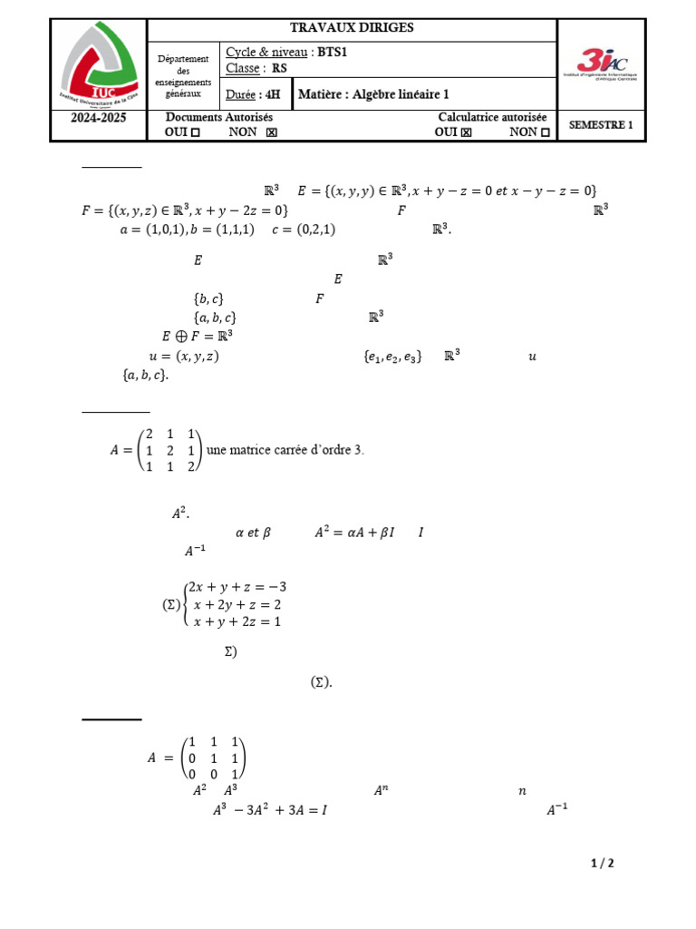 TD Algèbre Linéaire 1 RS 2024 - 2025 | PDF | Base (algèbre linéaire) | Matrice (Mathématiques)