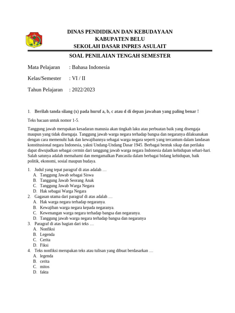 Soal Uts Bindo Kelas Vi | PDF